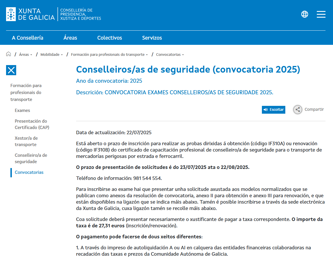 🚨 #Galicia | 2025 Call for Applications – Safety Adviser Certificate ADR/RID - DGSA.es